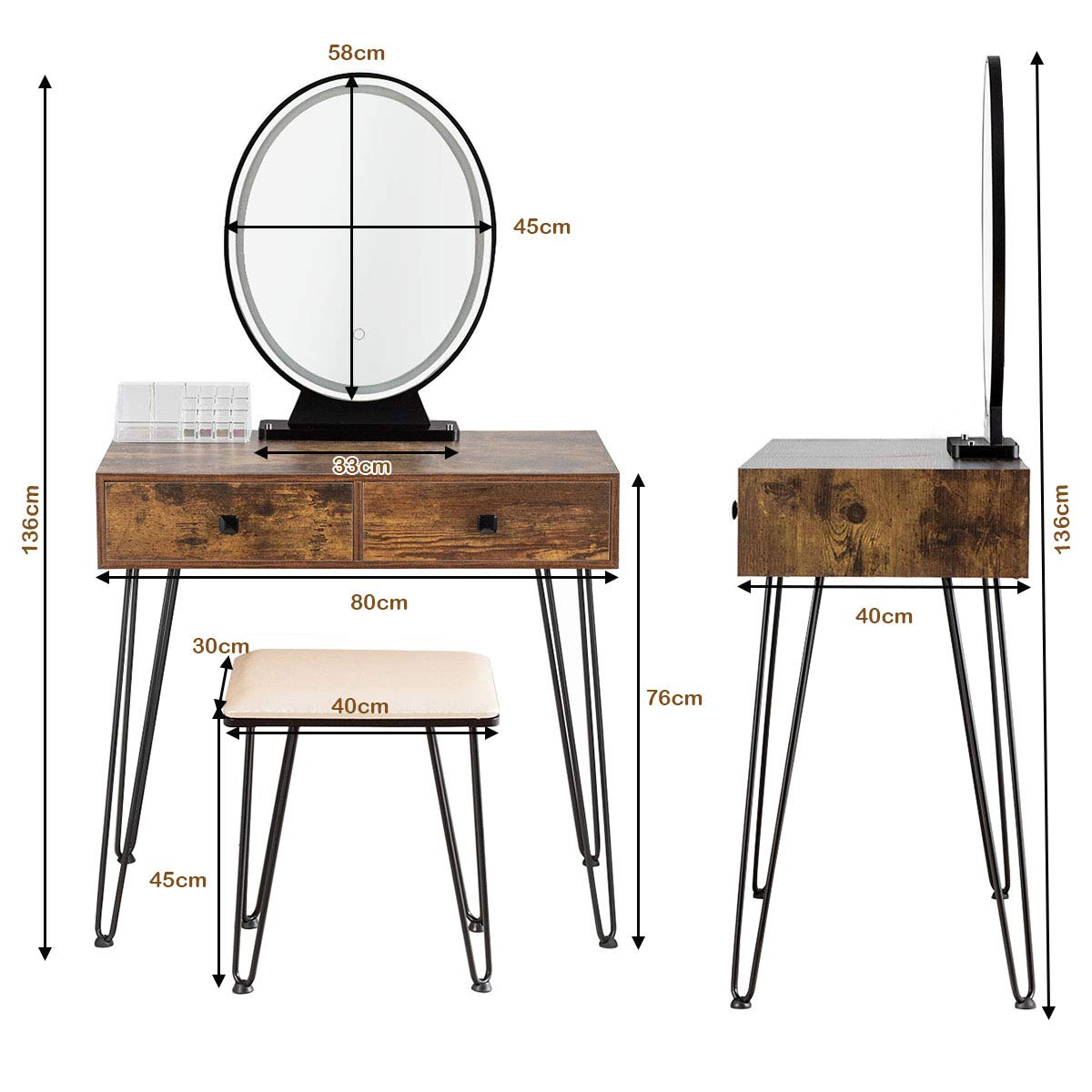 COSTWAY Dressing Table Set, Industrial Cosmetics Dresser with ...