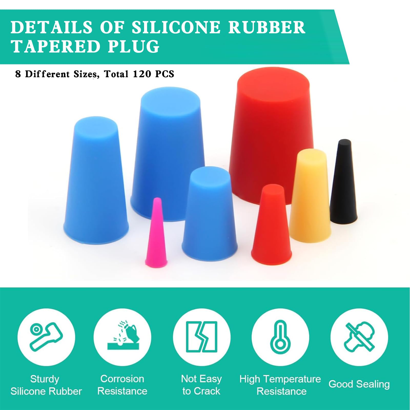 120 Pack Silicone Rubber Tapered Plug Assortment Kit, 8 Different Sizes ...