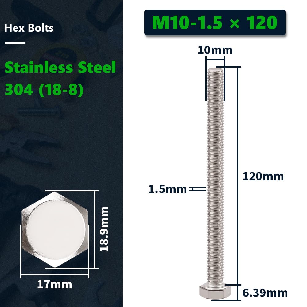 Snapklik.com : M10-1.5 X 120mm Hex Bolts Kits 6 Sets-Includes Bolts
