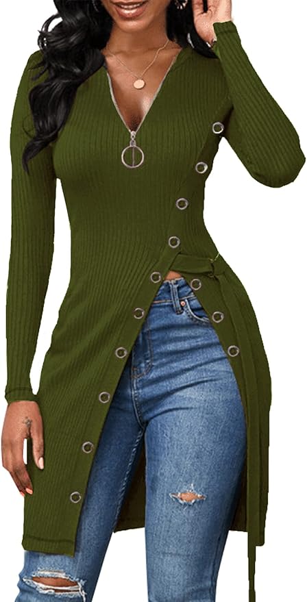 LYANER Women's Sexy Zip Up V Neck Long Sleeve Side Split Asymmetrical ...