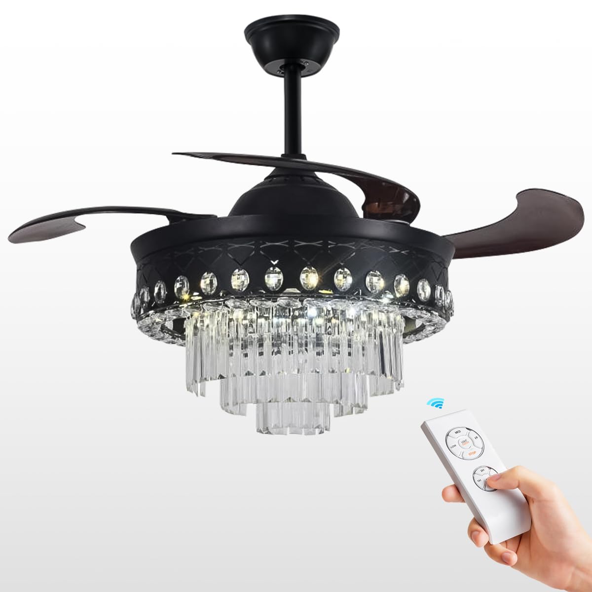 Fandian 42" Crystal Ceiling Fan with Lights, Modern Chandelier Black ...