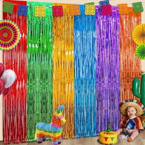 Amazon.com: 4 Pack Rainbow Fringe Curtains, Fiesta Mexican Metallic ...