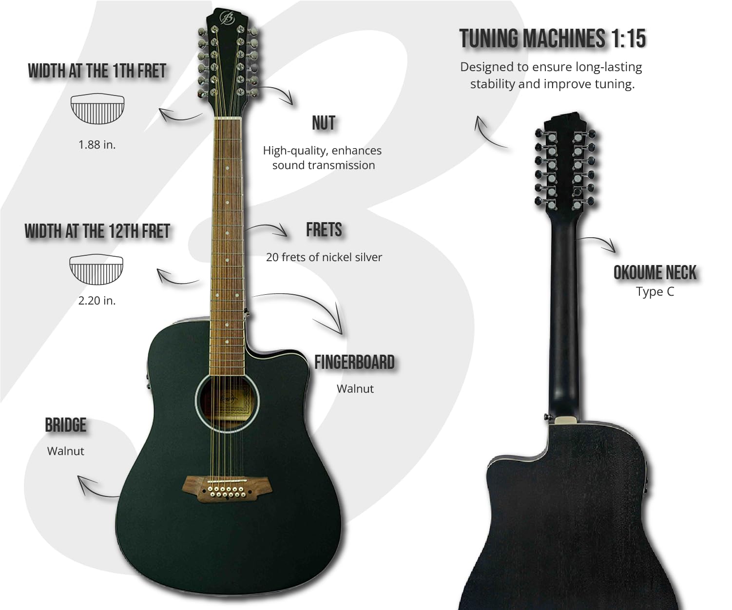 Bamboo 12 String Guitar, 12 String Acoustic Electric Guitar, Beginner ...