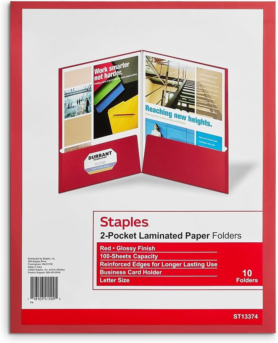 Amazon.com : Staples 905481 2-Pocket Laminated Folders Red 10/Pack ...