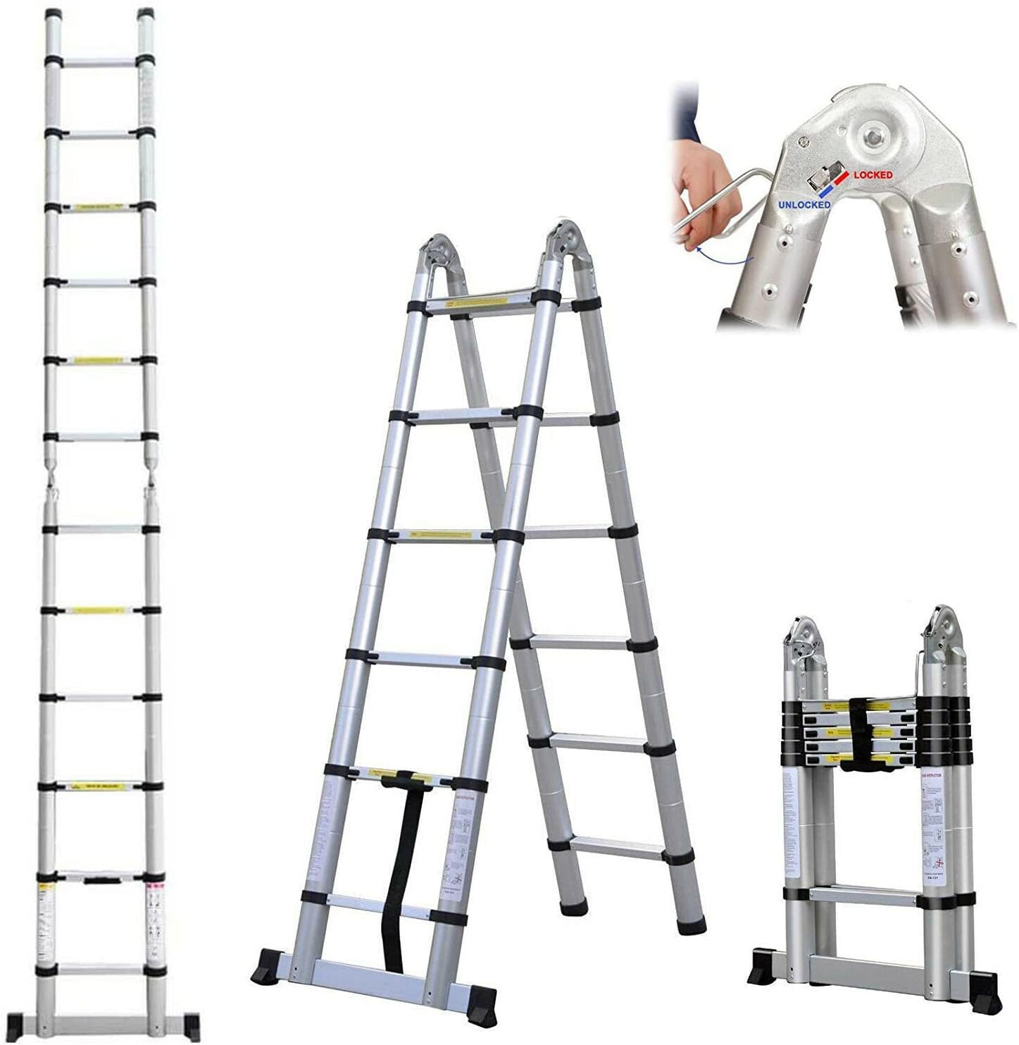 A-Frame Telescoping Ladder 12.5ft 6 + 6 Steps Adjustable Height with ...