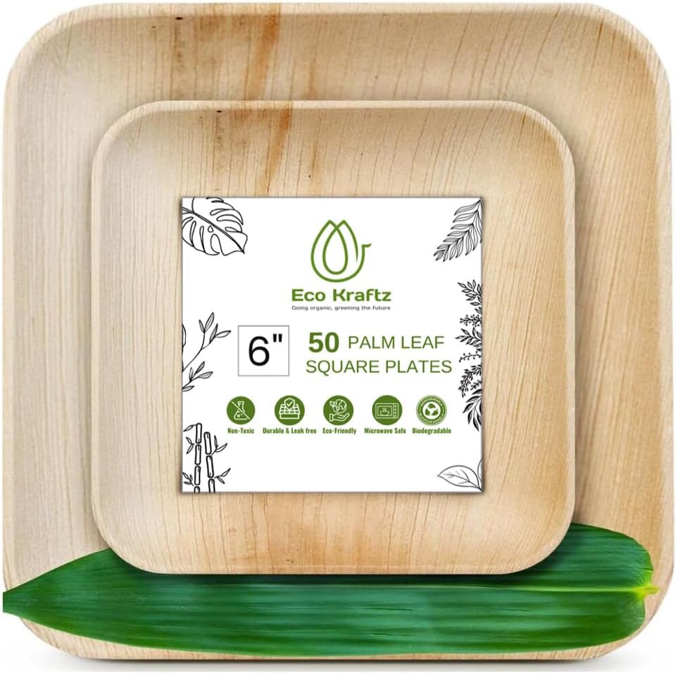 Amazon.com: Eco Kraftz 50-Pack Square Palm Leaf Plates–Compostable ...