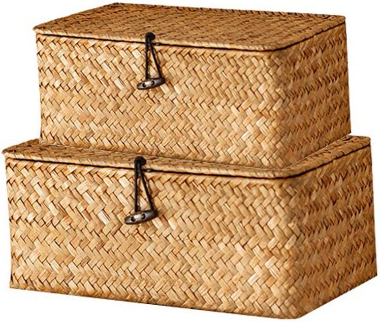 Shelf Storage Baskets with Lid Set of 2 Handwoven Rectangular Box with ...