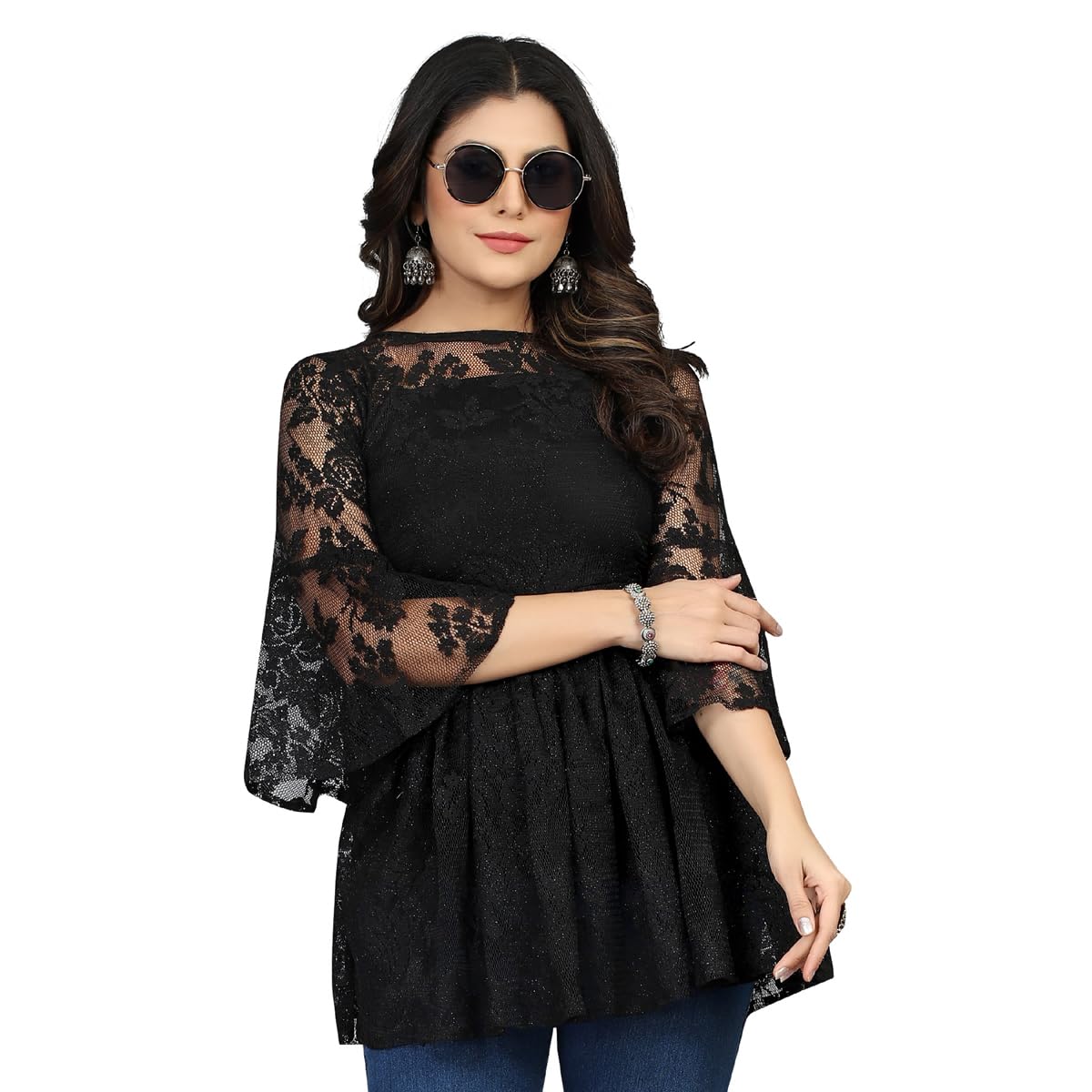 G6SHINE Women's Western Style Self Designed Net Tunics (Small) Black ...