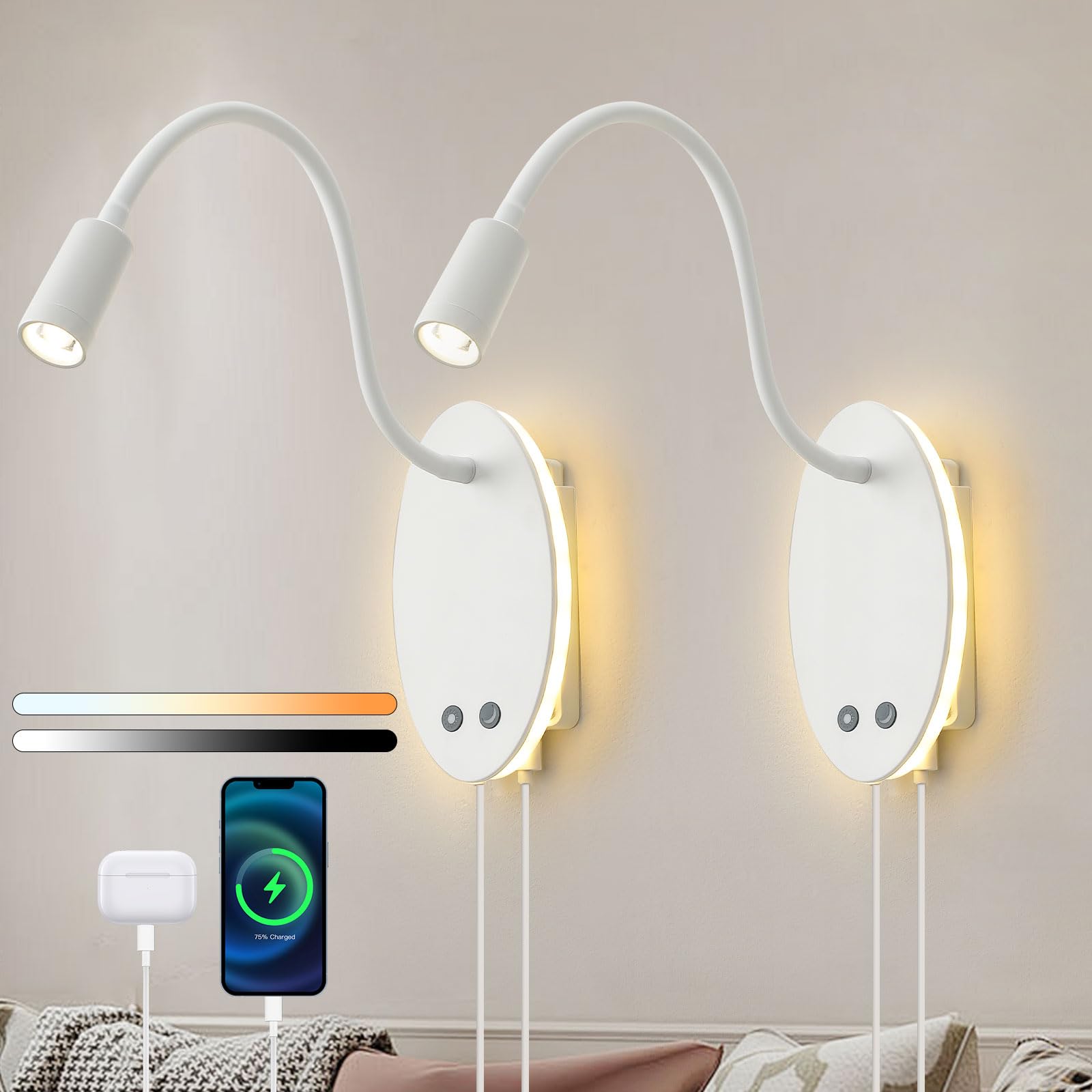 Lightess 2 Pack Wall Reading Light, Dimmable LED Bedside Wall Lamp ...