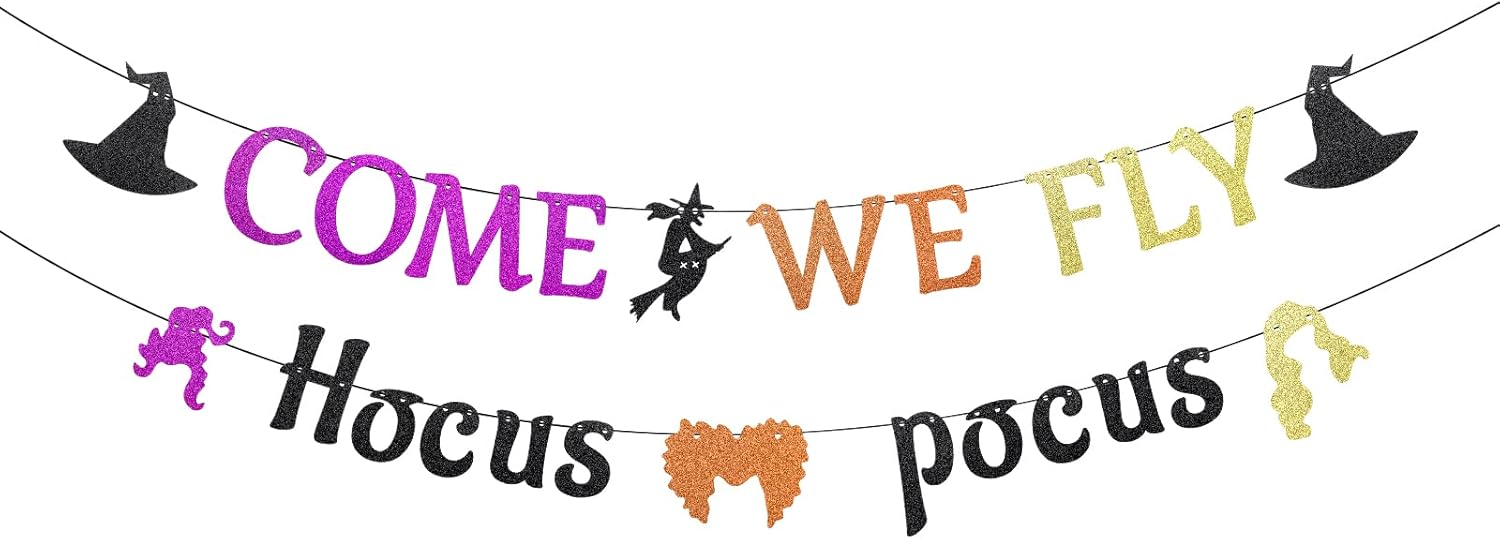 Amazon.com: Glitter Hocus Pocus Come We Fly Banner- Hocus Pocus Party ...