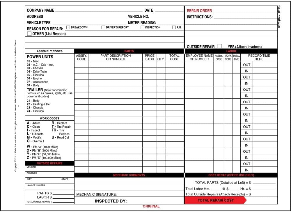 Amazon.com : Garage Repair Order Forms with Work Codes, 8.5” x 11.75 ...