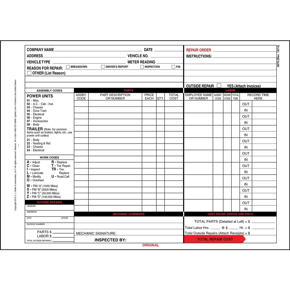 Amazon.com : Garage Repair Order Forms with Work Codes, 8.5” x 11.75 ...