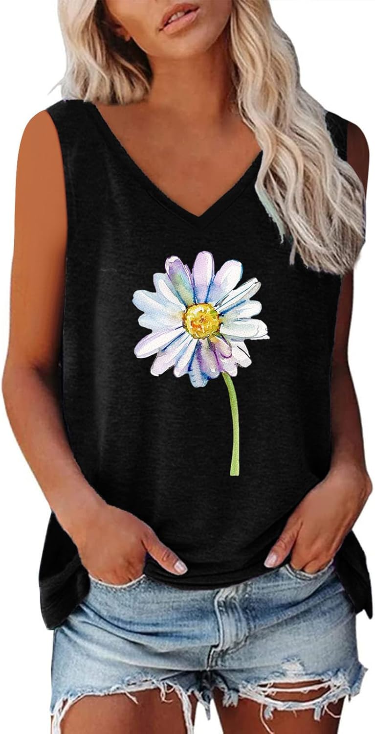 Mzkdieey Daisy Tank Tops for Women Summer V Neck Tank Top Floral Print ...