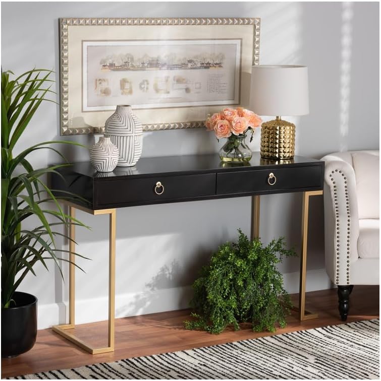Amazon.com: Maykoosh Console Table - Black Wood & Gold Metal 2-Drawer ...