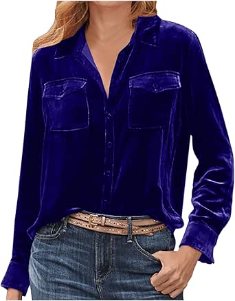 Womens Velvet Shirts Dressy Casual Button Down Tunic Top Long Sleeve ...