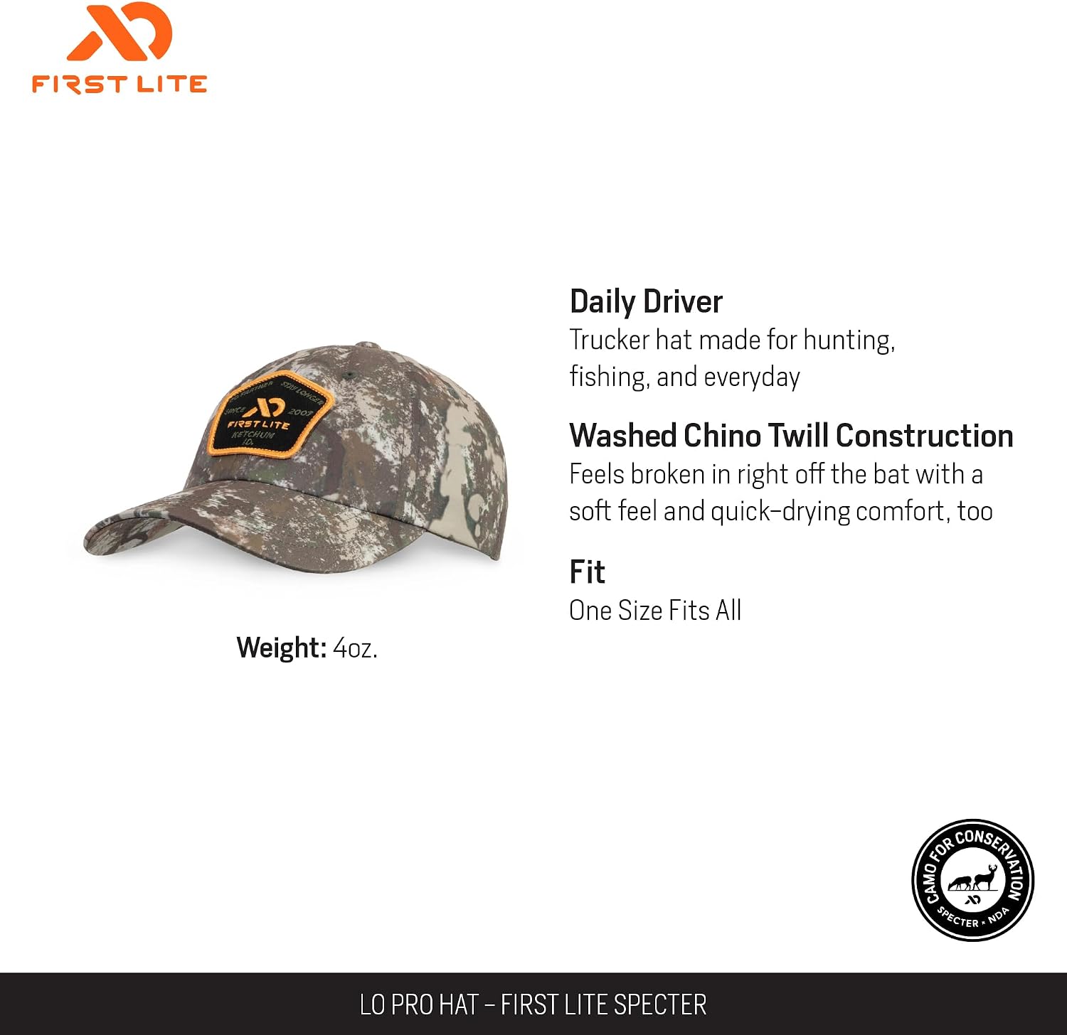 First Lite Lo-Pro Hat - Lightweight Durable Strapback Camo Hunting Cap