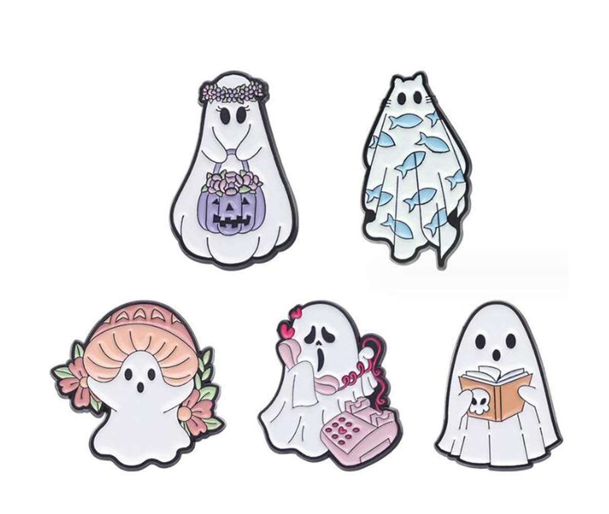 5pcs Cute Boo Enamel Pins Halloween Spooky Ghost Brooches Lapel Badges ...