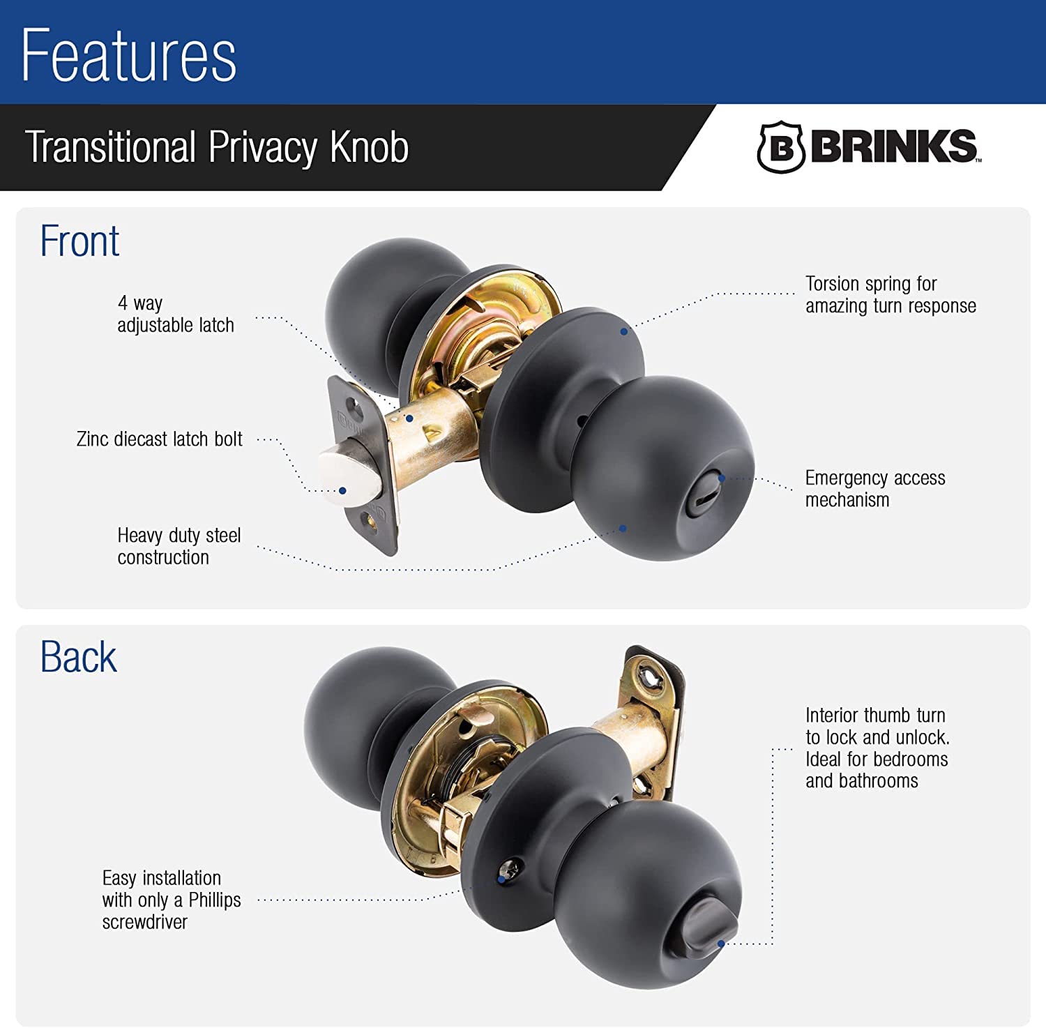 Snapklik.com : BRINKS Transitional Privacy Door Knob - Matte Black ...