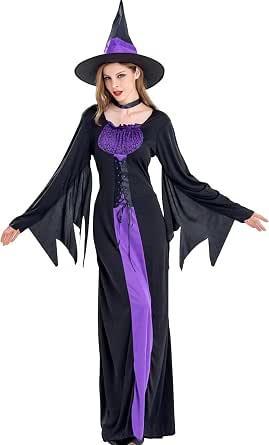 Amazon.com: DECEED 3 PCS Halloween Witch Costume Set, Purple Long Dress ...