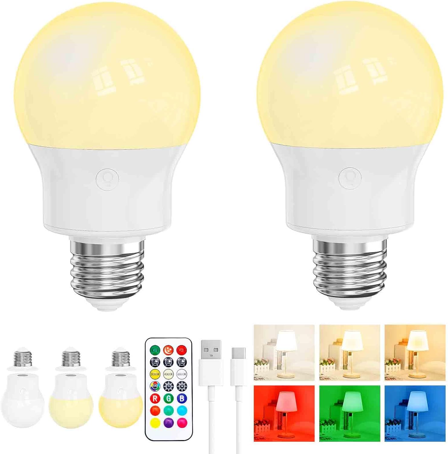 Rechargeable LED Light Bulbs with Remote, Dimmable Magnetic E26 Battery ...