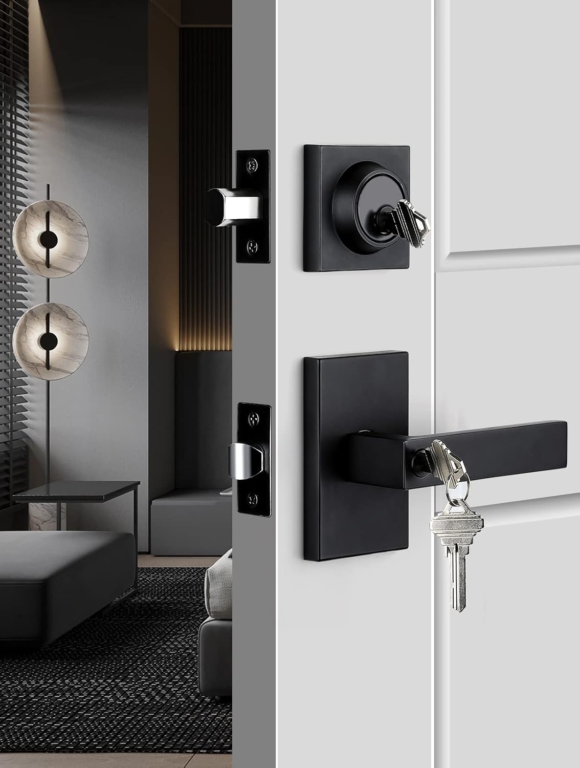 goldenwarm Black Door Handle with Deadbolt, Square Contemporary Matte ...