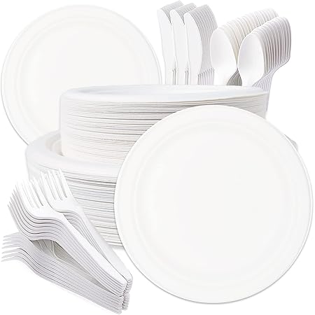 Amazon.com: LIZPARE 250Pcs Disposable Paper Plates Set with Extra Long ...