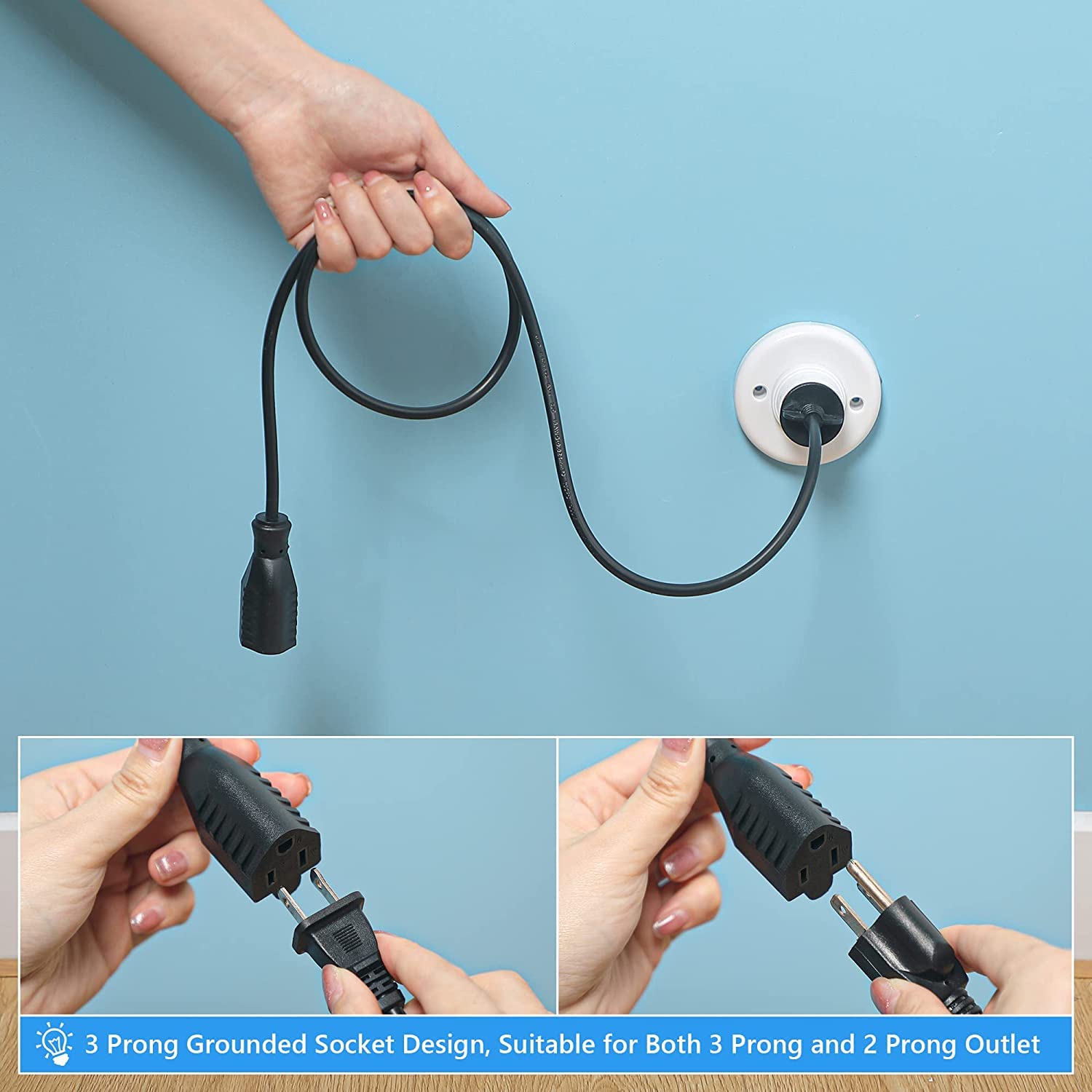 Grounded Light Socket Adapter High Quality 3 Outlet Grounded AC Power