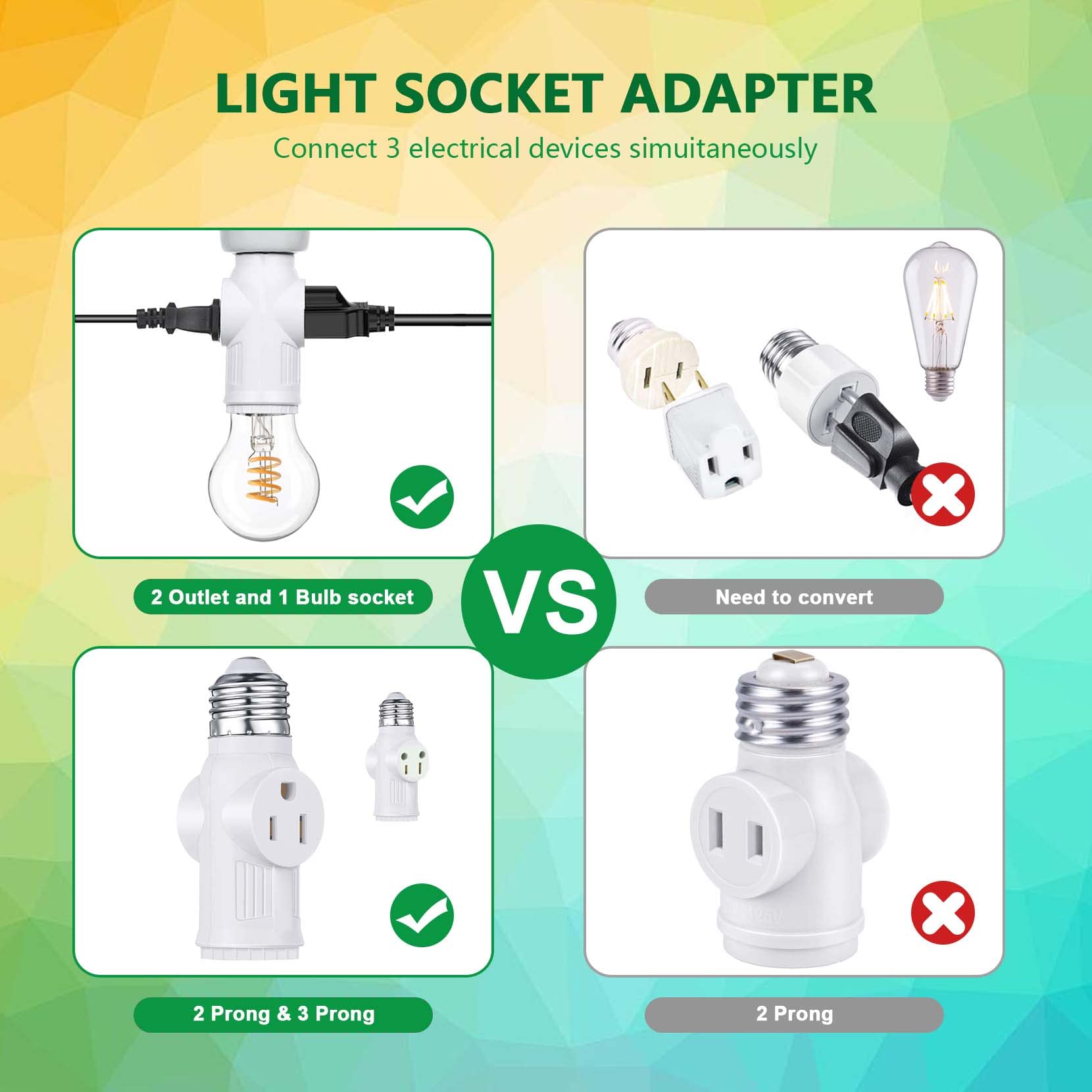Snapklik.com : 2 PCS 3 Prong Light Bulb Outlet Socket Plug Adapter, Polarized White Light Bulb ...