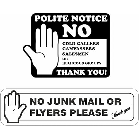 2X No Cold callers and no Junk Mail Signs (1 of Each Sign) - Size 95mm ...