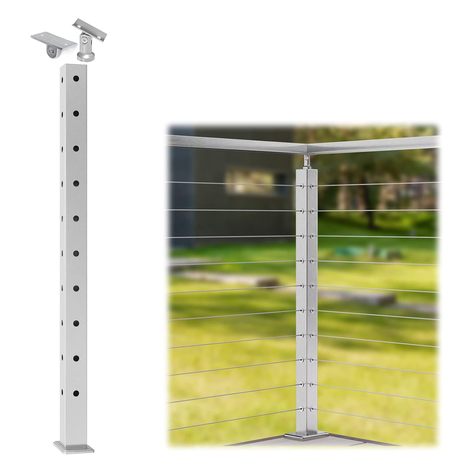 36"x2"x2" Cable Railing Post Brushed Corner Drilled Square Railing Post ...