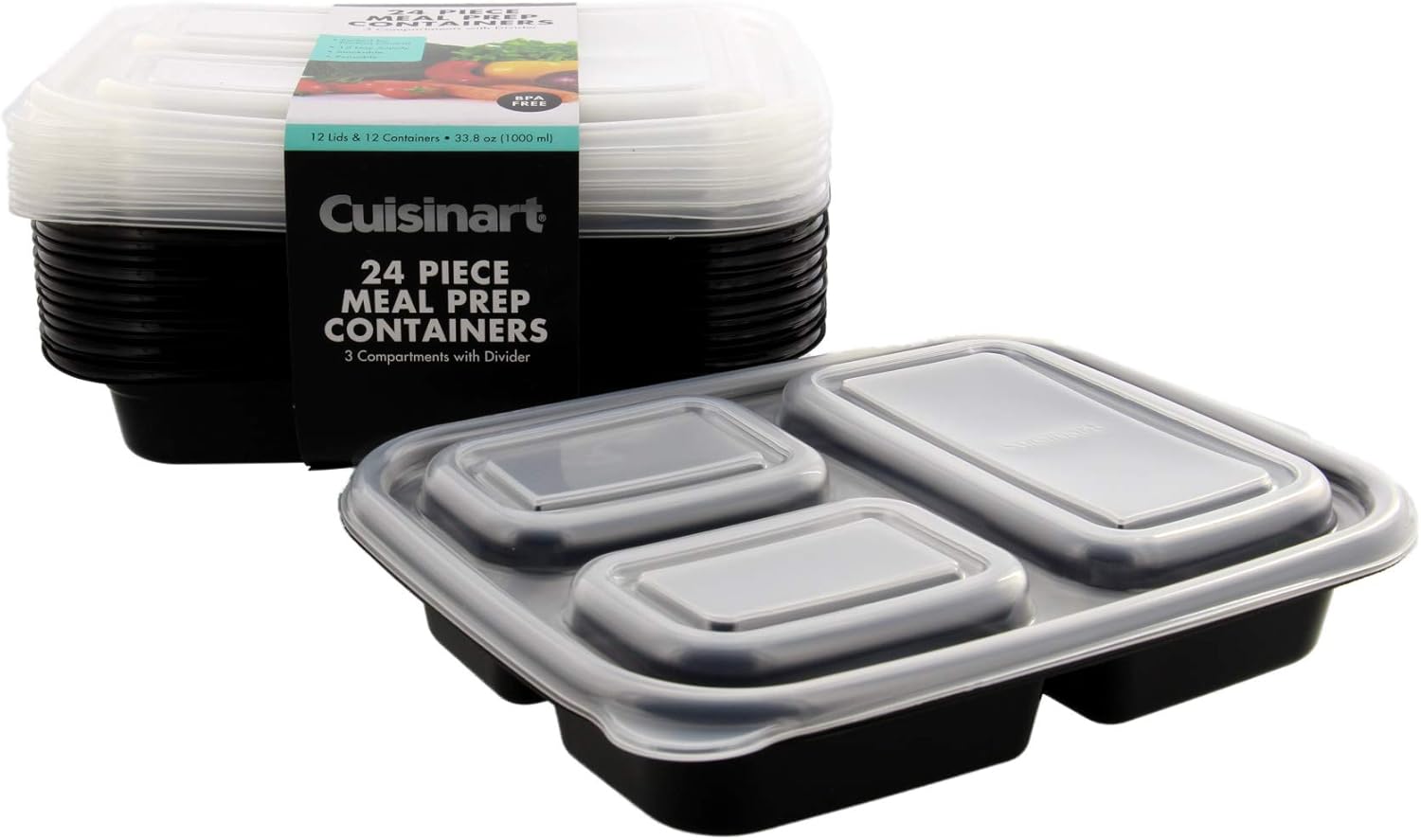 Amazon.com: Cuisinart 3 Compartment Meal Prep Containers, 24 Piece, Set ...