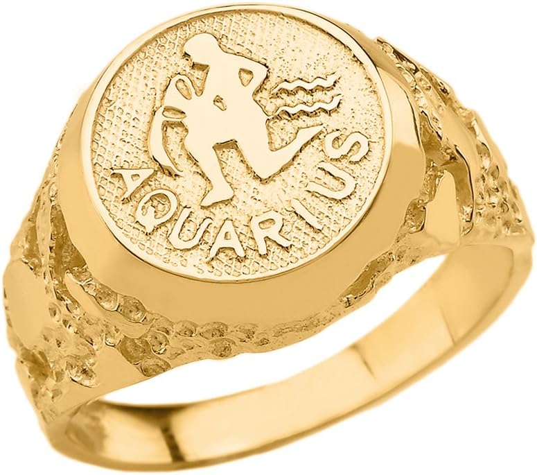 10K Yellow Gold 1/2" Wide Men’s Zodiac Sign Signet Band or Pinky Ring ...