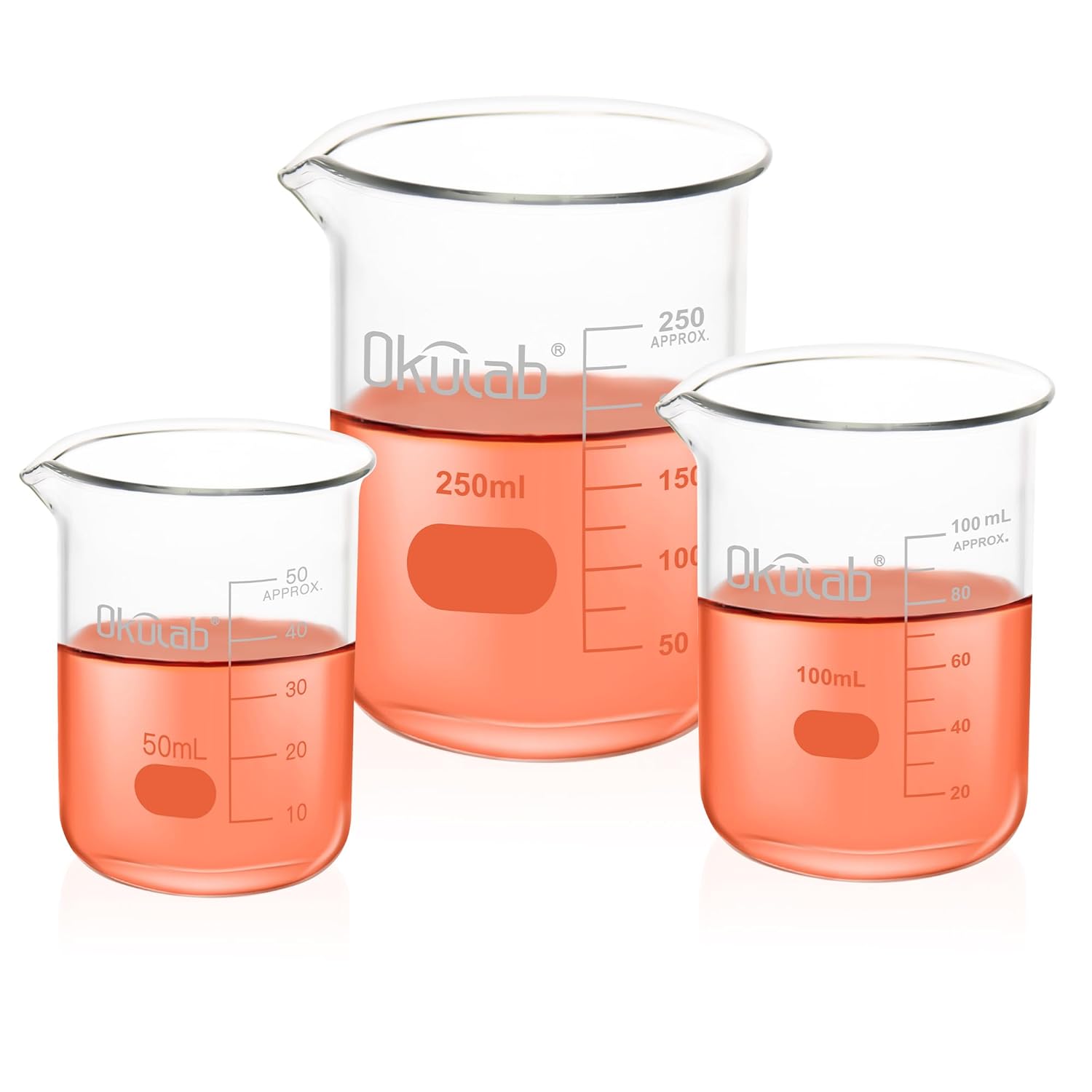 Okulab Glass Beaker Set, Low Form, Graduated 3.3 Borosilicate Glass ...
