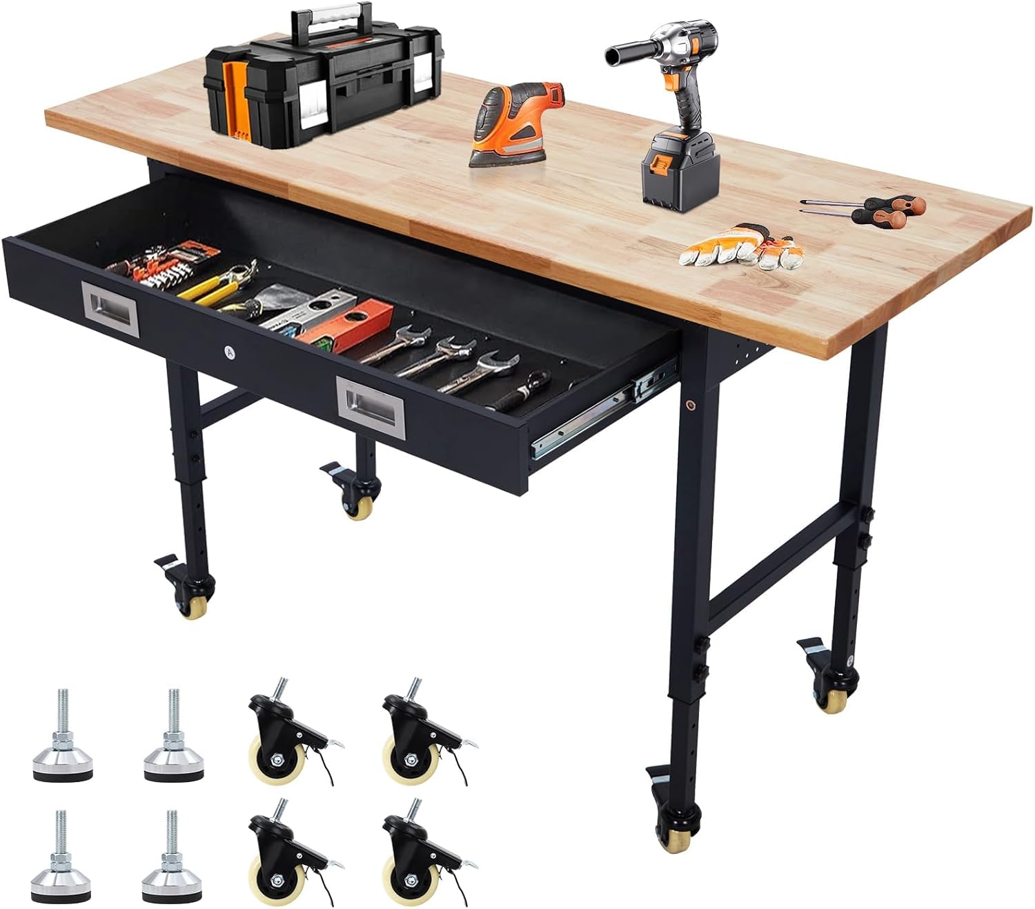 Adjustable Workbench with Drawer Storage 60" - Heavy Duty Rubber Wood ...