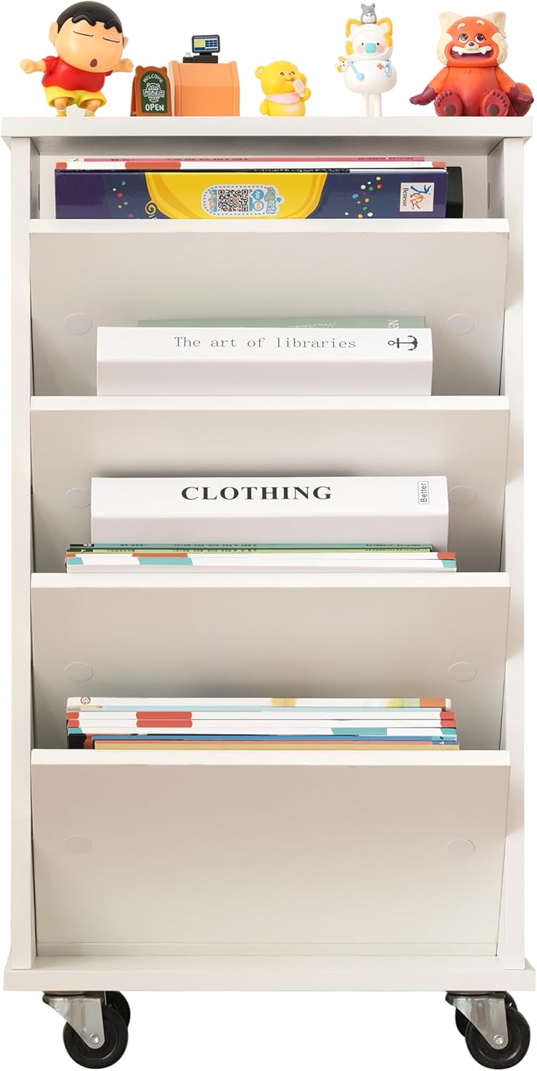Amazon｜OSJ 本棚 おしゃれ キャスター付き 回転ラック 隙間ラック リビングルーム 収納棚 絵本ラック 書斎 鍵 書籍 小物 収納 木製 組立簡単 収納 玄関棚 (ホワイト, 4段 ...