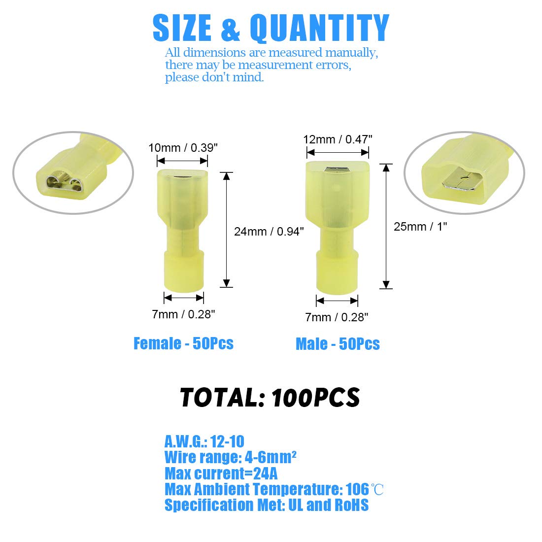 Snapklik.com : 100pcs 12-10 Gauge Fully Insulated Female Male Spade ...