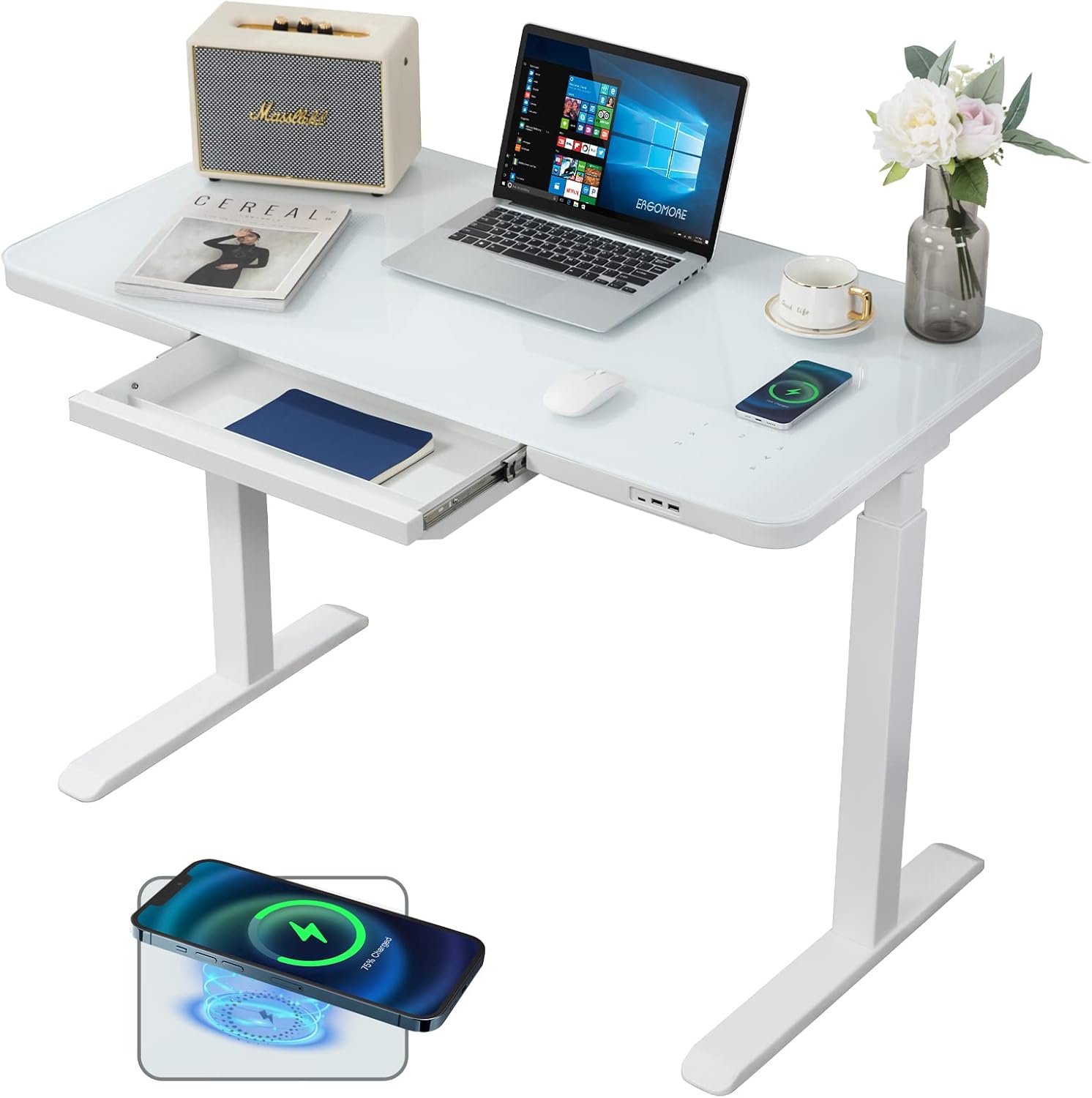 Buy ERGOMORE Glass Desktop Standing Desk with Drawer, 45 x 23 Inch Dual ...