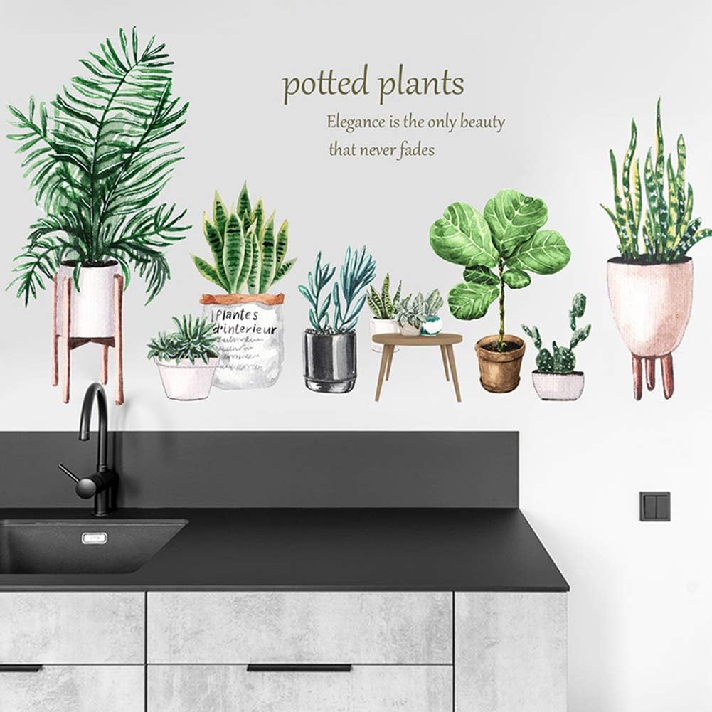 Amazon.com: MIYALIONE Green Plant Wall Decals Potted Plant Butterfly ...