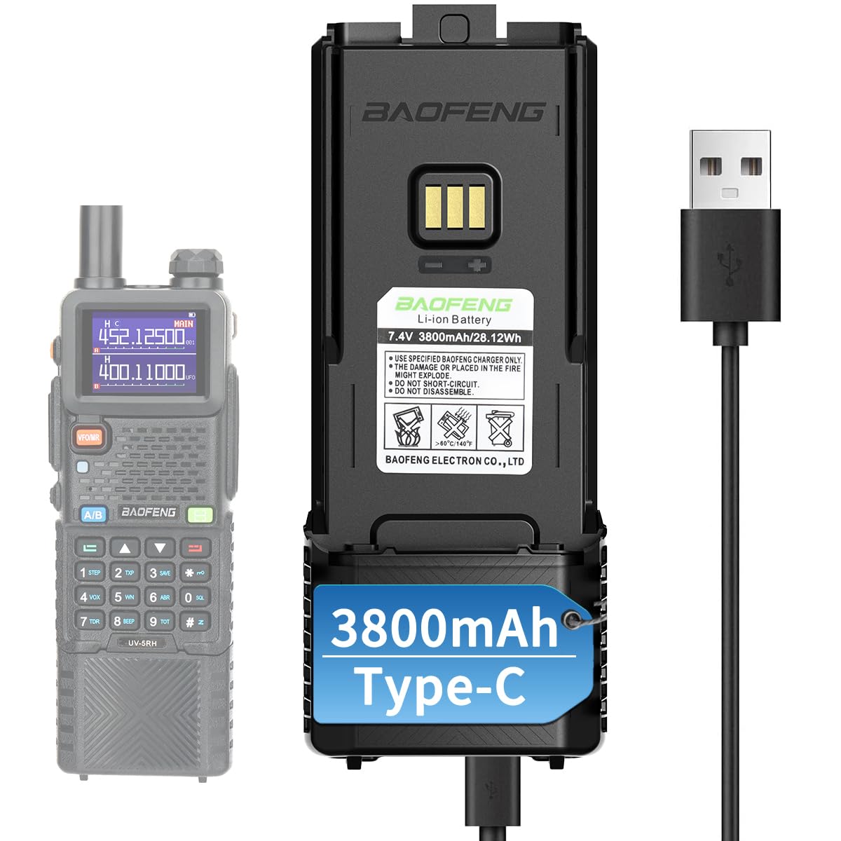 Amazon.com: Baofeng 5RM 3800mAh Extended Battery with Type-C USB ...