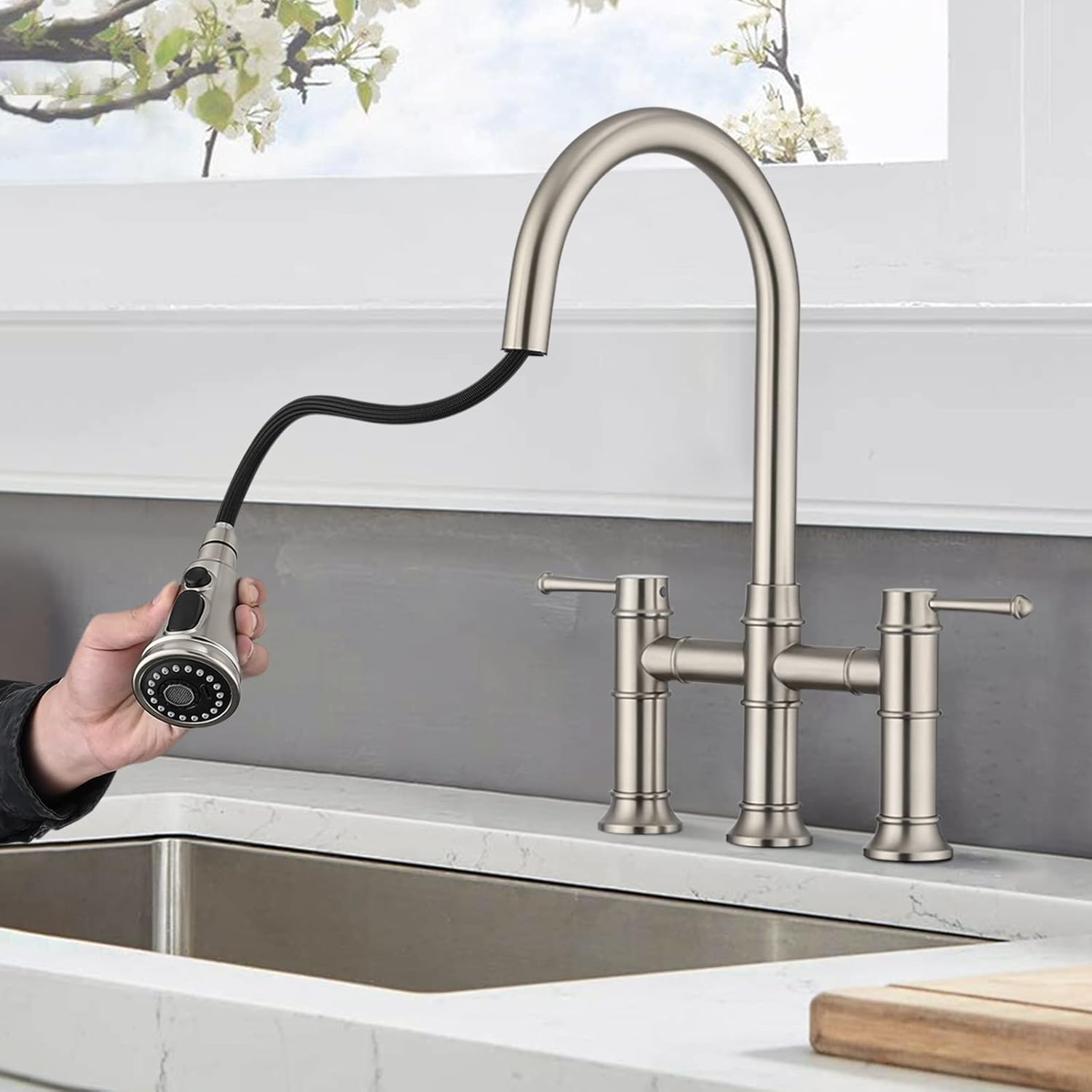Dornberg Bridge Kitchen Faucet with Pull Down Sprayer, 3 Hole Kitchen ...