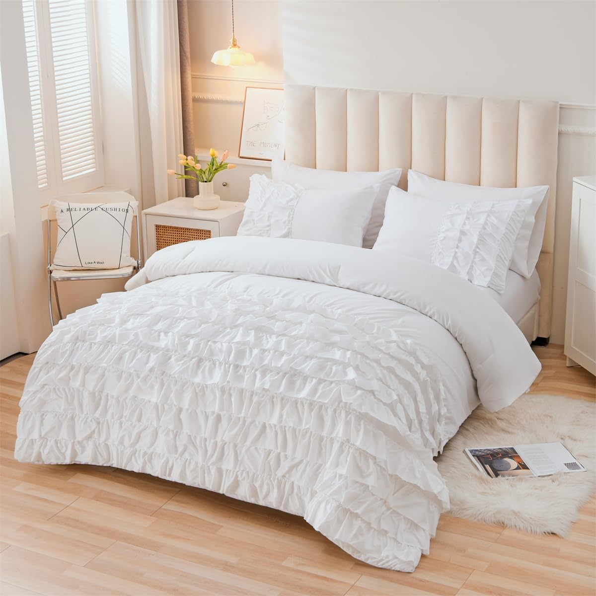 Amazon.com: Holawakaka White Waterfall Ruffle Comforter Set Full Size ...