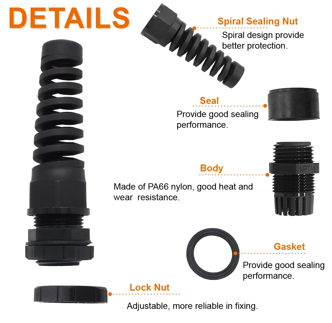 Snapklik.com : LifCratms 4Pcs NPT 1/2" Black Cable Gland, IP68 ...