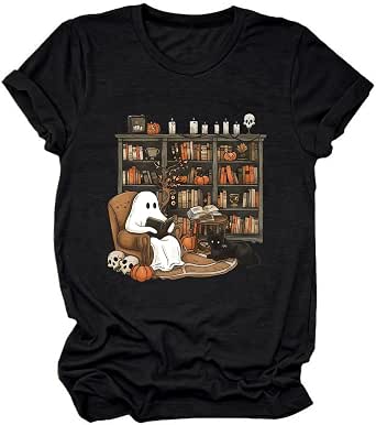 Amazon.com: Halloween Shirts for Women Men Ghost Reading Books Shirt ...