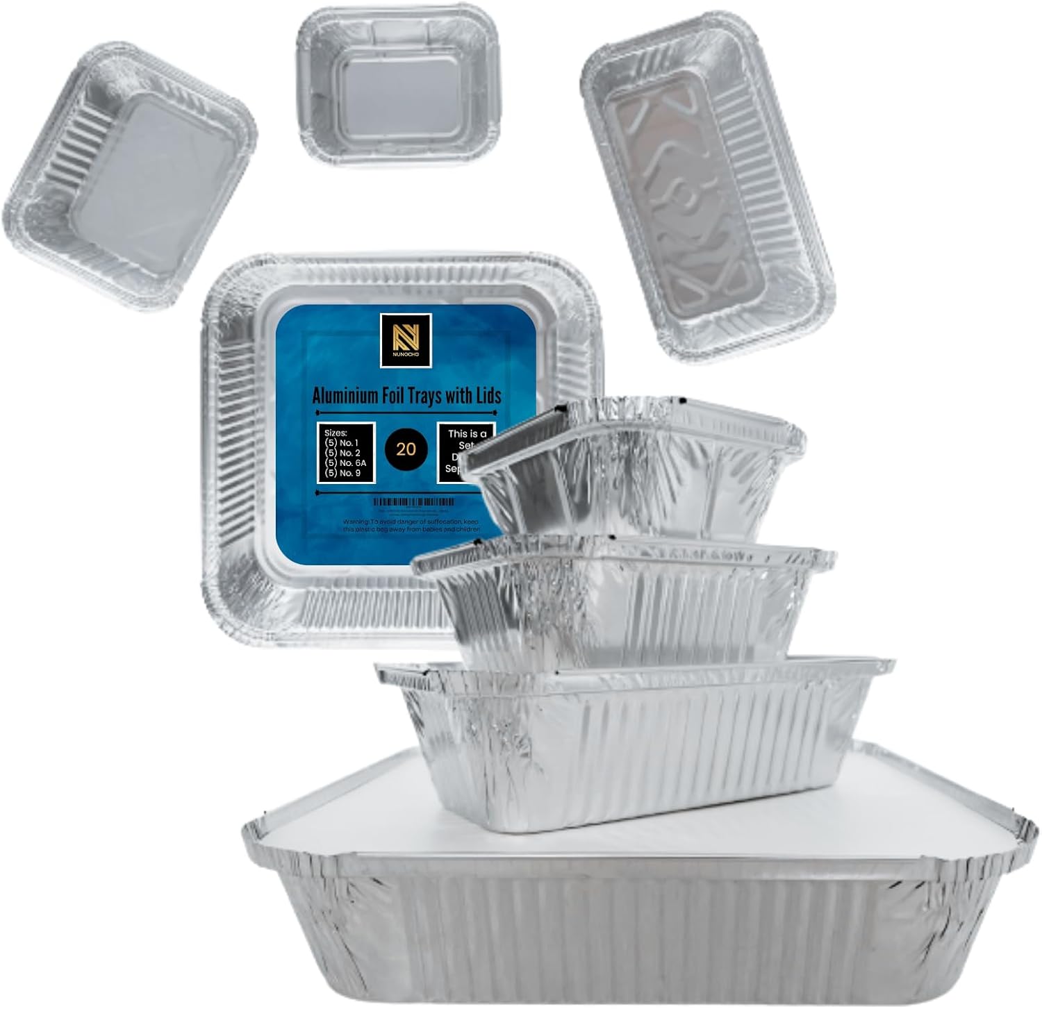 NUNOCHO Aluminium Foil Trays With Lids. Containers Pack 20 Set 4 Sizes ...