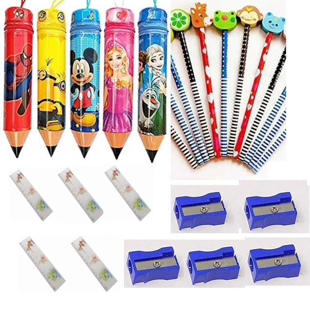 Pencil Shape Pouches with Stationary Items Pencil with Cartoon Eraser ...