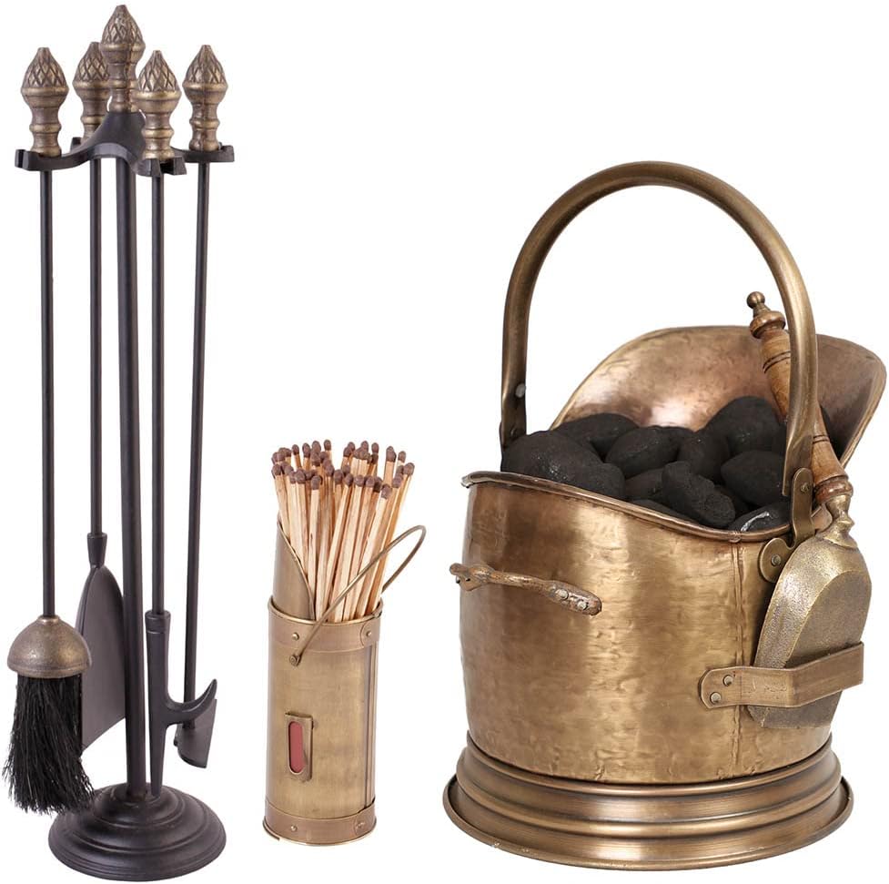 Fireplace Log Burner Accessories Set Vintage Style Brass Acorn 4pc ...