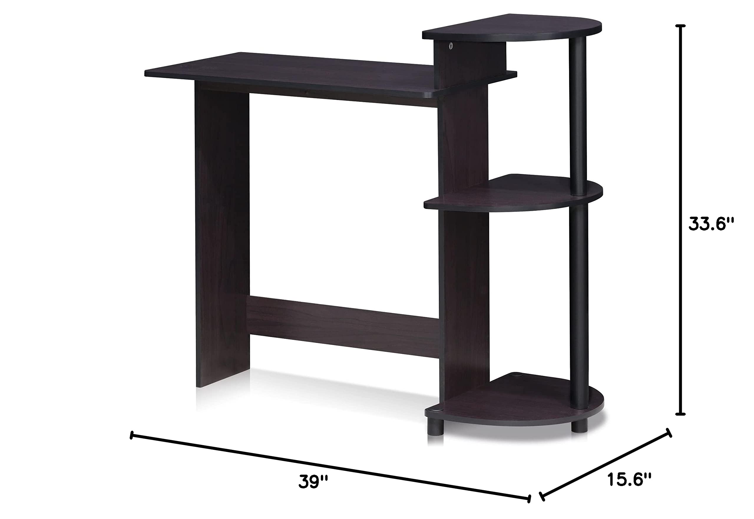 Furinno Compact Computer Desk with Shelves, Round Side, Dark Walnut