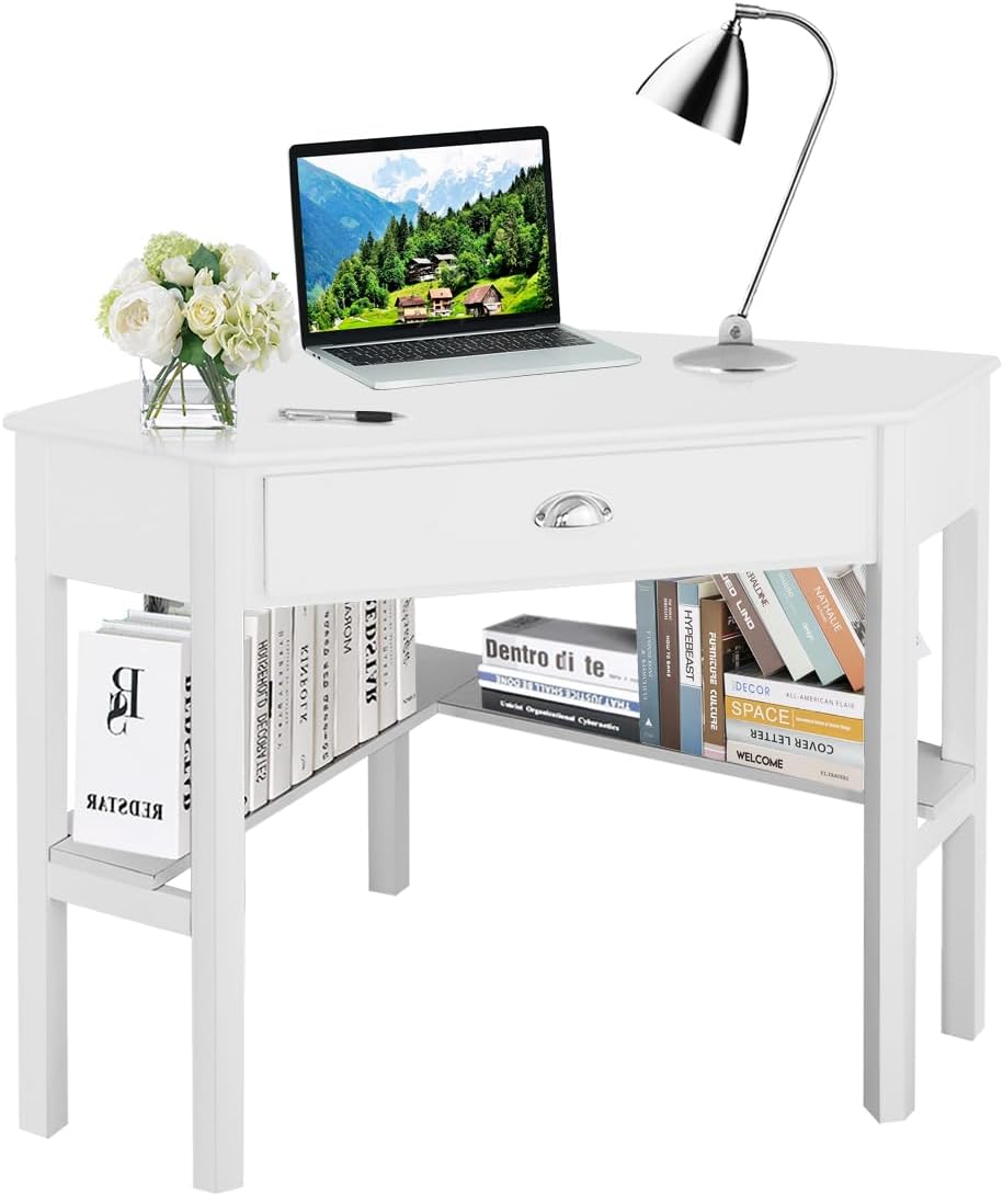 SILKYDRY Corner Desk, Space-Saving Corner Table with Drawer & Shelves ...