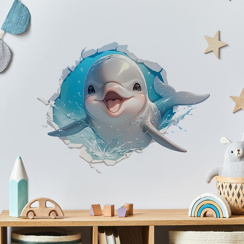 Amazon.com: RoyoLam 3D Cartoon Baby Dolphin Broken Wall Wall Stickers ...