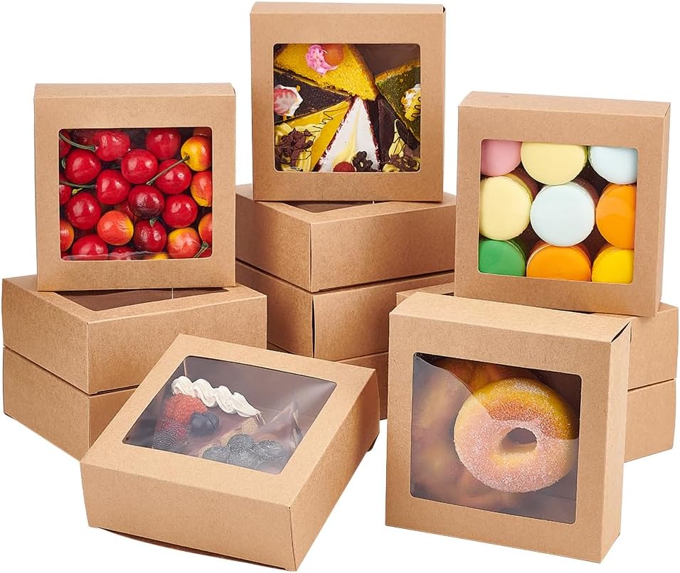 BENECREAT 16Packs 14x14x5cm Clear PVC Square Window Gift Boxes, Brown ...